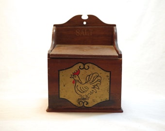 vintage salt box // rooster salt box // chicken salt box // wooden salt ...