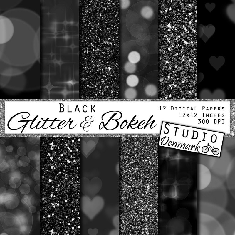 Black Glitter and Bokeh Digital Paper – Commercial Use Shiny Black ...