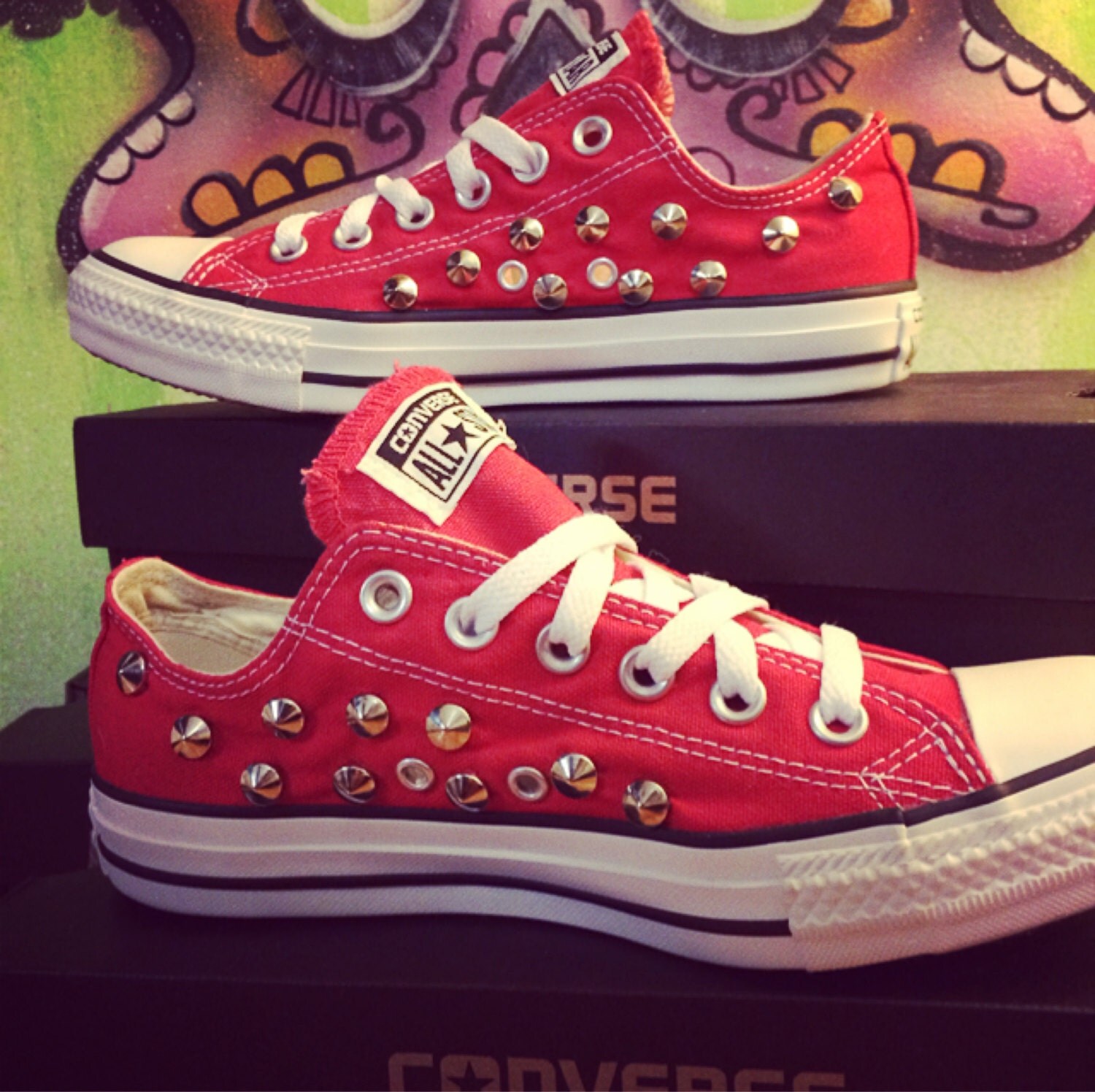 Red Converse All Star Custom Studded Chuck Taylors ALL