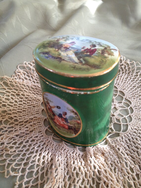 Porcelain Container with Lid Signed Oval Forest Green