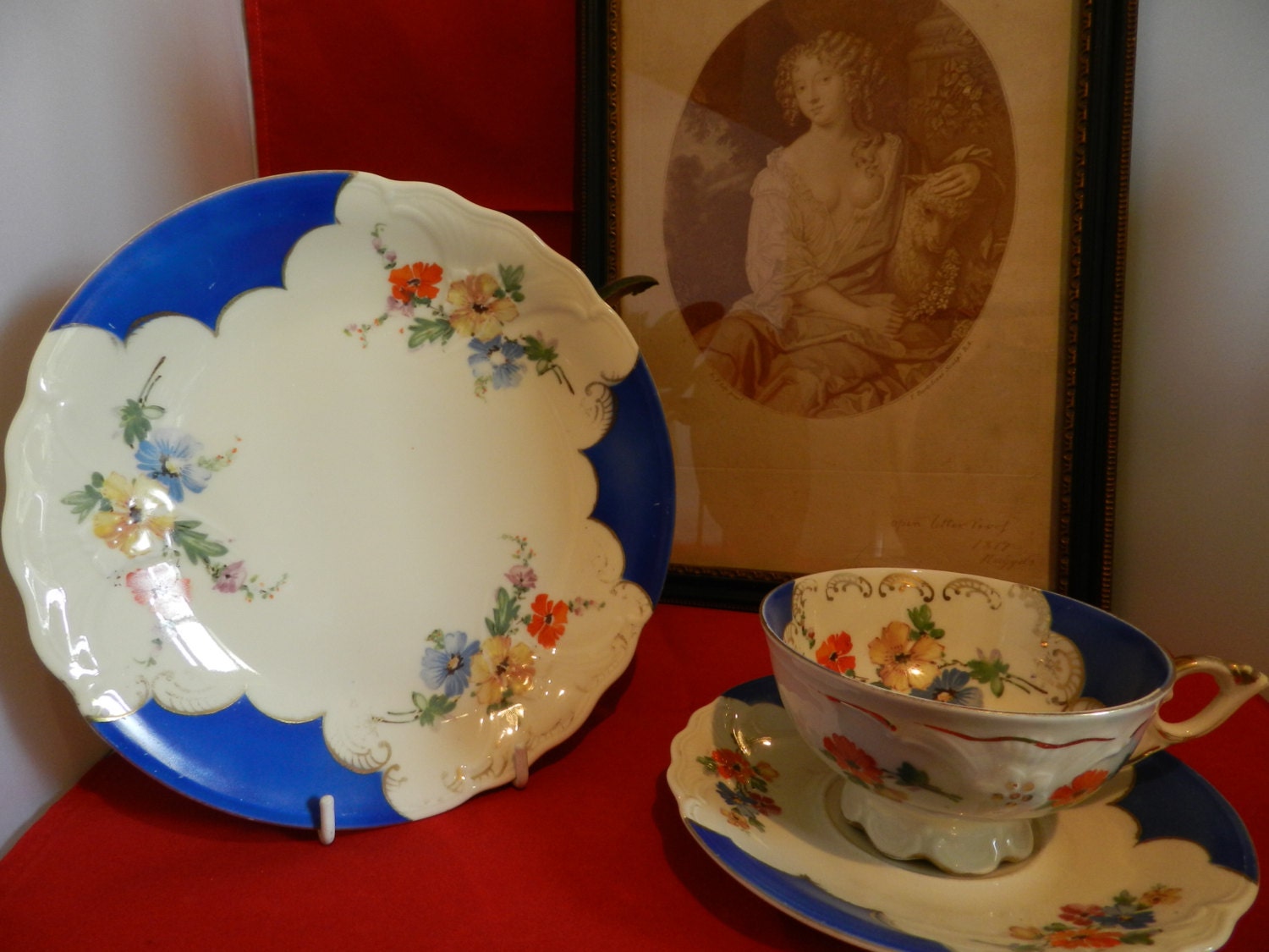 German Porcelain Cup Saucer Cake Plate 1940s German Hand Painted ...