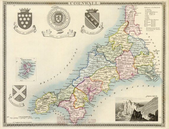 Old Map Of Cornwall Wall Art Large Canvas by VintageArtPosters