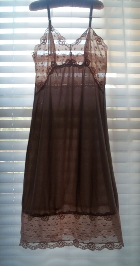 vintage lorraine 60s full slip nylon tricot lace chiffon cocoa