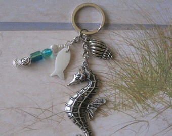 Seahorse Keychain, Silver, Blue Beads, Silver Charms, Shell, Ocean ...