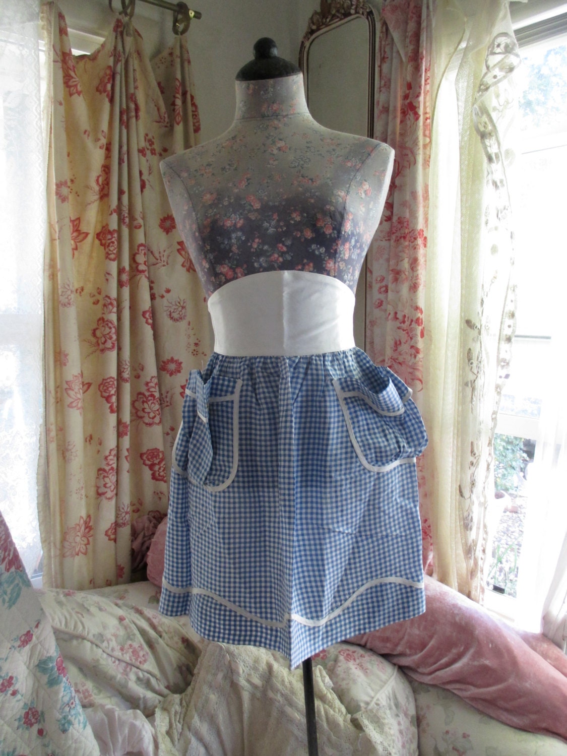 Vintage Half Apron Blue White Gingham Thick Waist Large Bow S83 – Haute ...