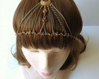 Gold Rhinestone Floral Pattern Gypsy Crown with Chains