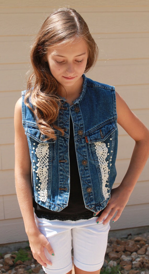 Items similar to Stylish Denim Vest with Lace and Pearl Accents on Etsy