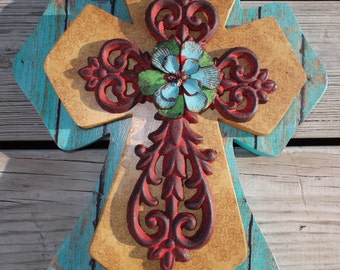 Stacked Wood & Cast Iron Decorative Wall Cross Western Decor Christian ...