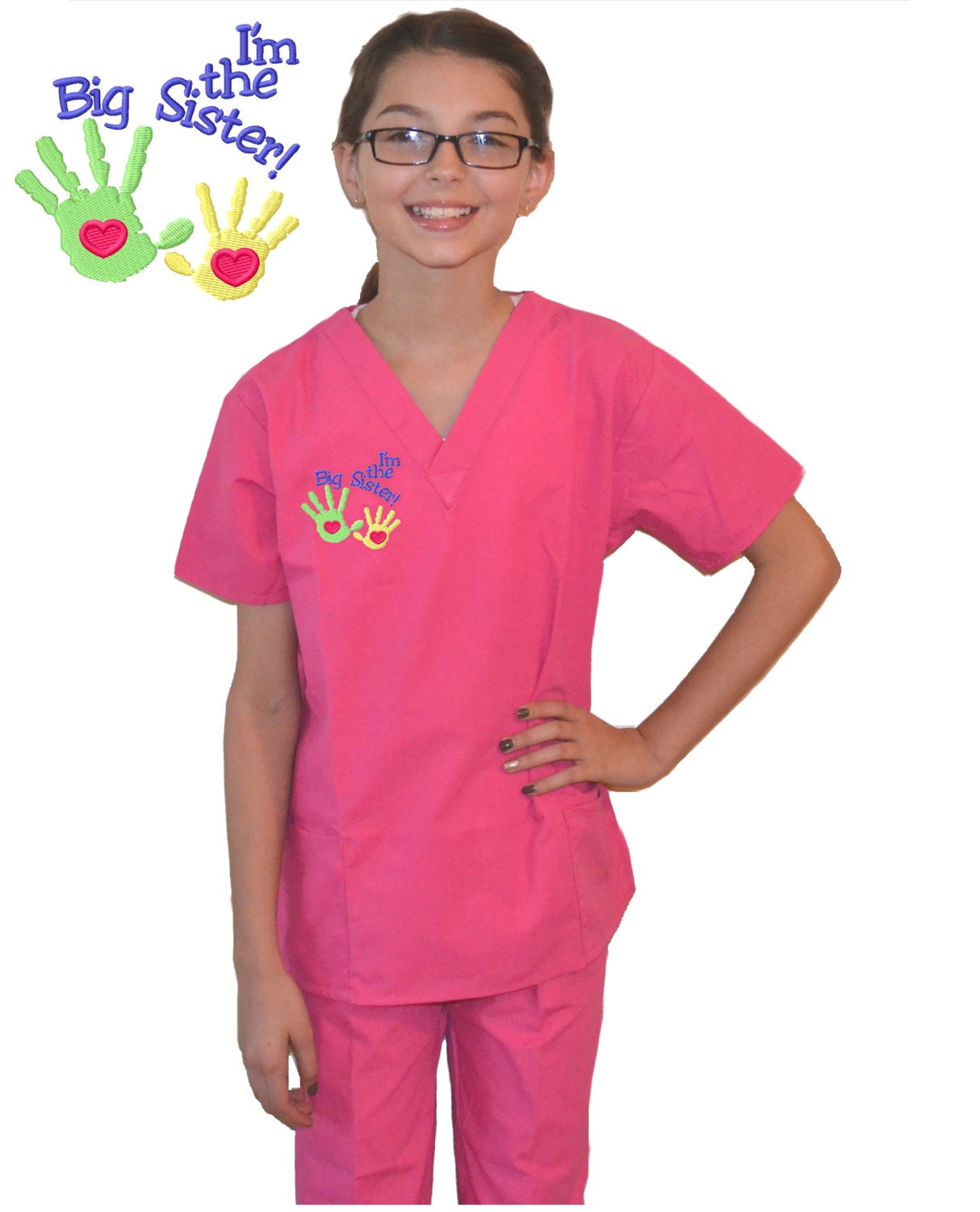 Pink Kids Scrubs Big Sister Embroidery
