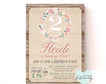 Rustic Girl Birthday Invitation - Rustic Birthday -FLoral Wreath - Wood ...