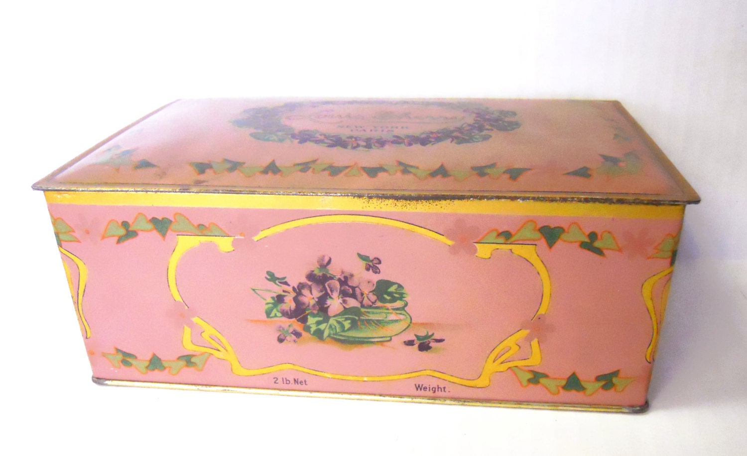 Pink Tin Metal Candy Box wit hinged lid Shabby chic Cottage Sweet Tin ...