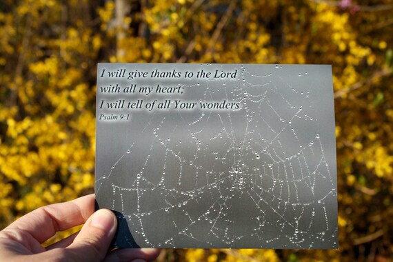 Items similar to Bible Note Card - Psalm 9:1 - Spider web Photo ...