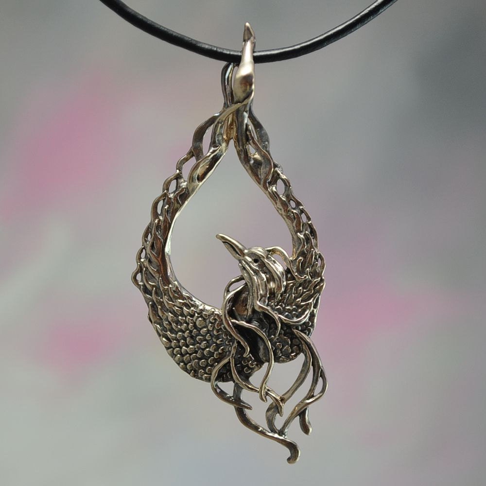 Mystical Phoenix Fantasy Jewelry Pendant in Bronze