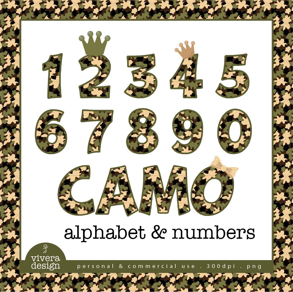 Camouflage Patterned Letters and Numbers Clip Art with