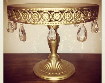 Antique Gold Vintage Metal Pedestal Cake Stand with Crystal tear drop gems