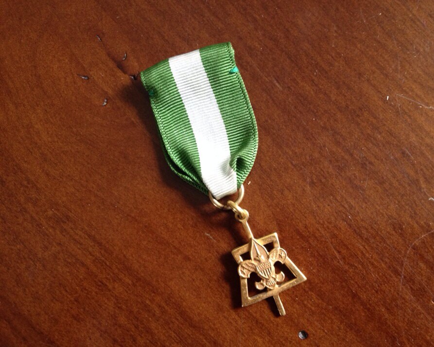 Vintage Boy Scout Key Medal Green and White Ribbon Brass Medal