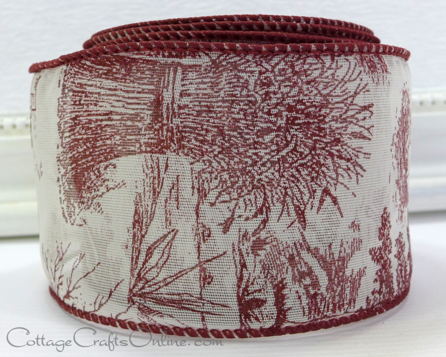Wired Ribbon 2 1/2 wide Burgundy Toile Semi by CottageCraftsOnline