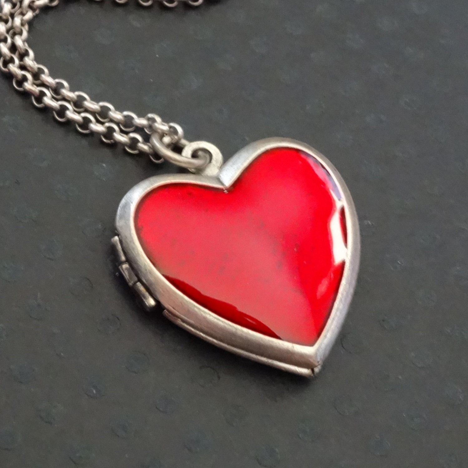 Silver Heart Locket Enameled Heart Locket Red Heart Locket