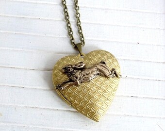 Hare Locket .. heart, large locket, hare, heart locket, brass locket ...
