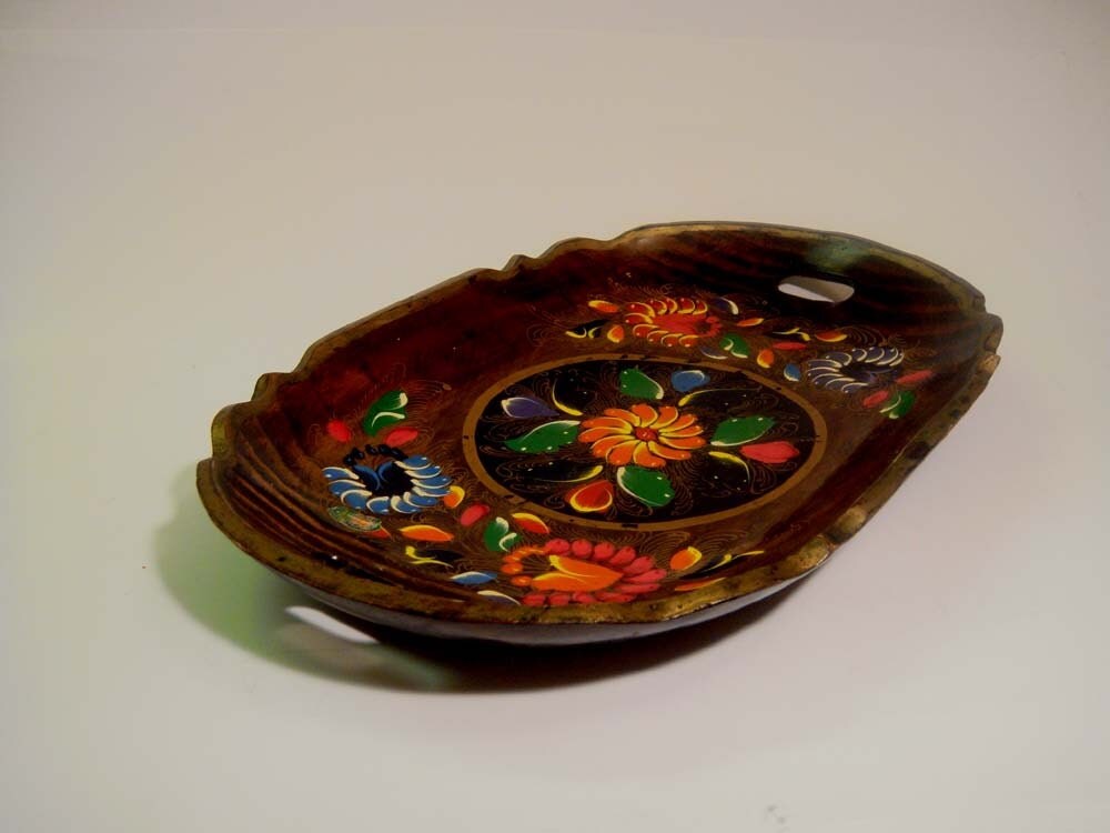 Large Vintage BATEA Bowl Tray Toleware Flowers Mexican Folk Art Wood ...