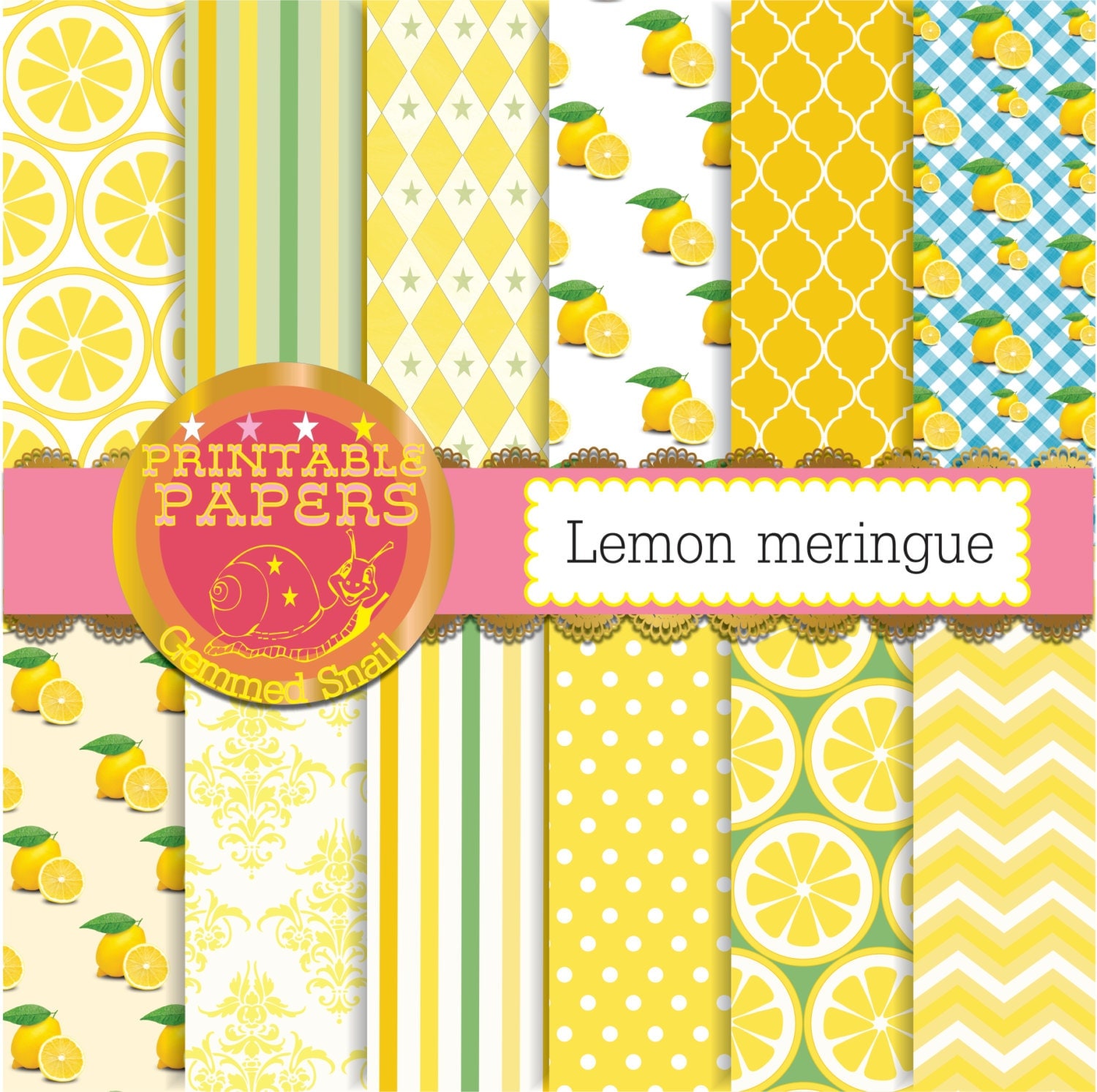 Lemon digital paper 'Lemon meringue' 12 zesty lemon by GemmedSnail