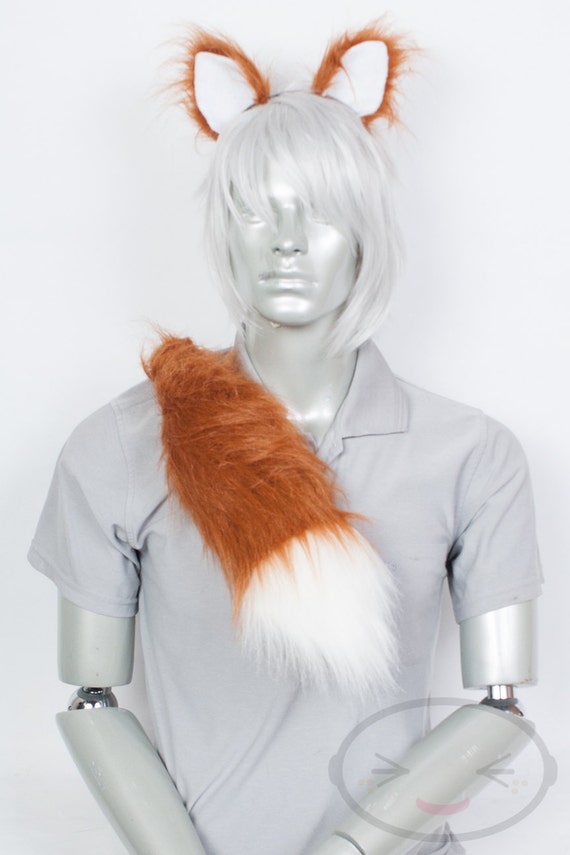 SMALL Rust Furry Ear and/or 16 Tail with white tip Set