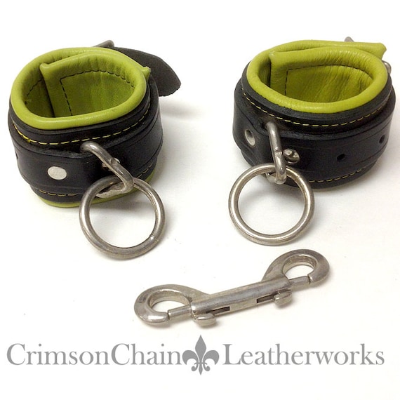 Black and Lime Green lined bondage cuffs by Crimson Chain