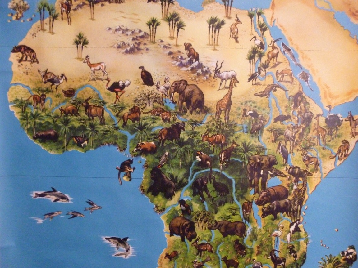 Vintage Map of Africa Wildlife Flora and Fauna Africa Map