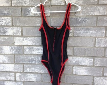 black and red speedo zip up one piece swimsuit