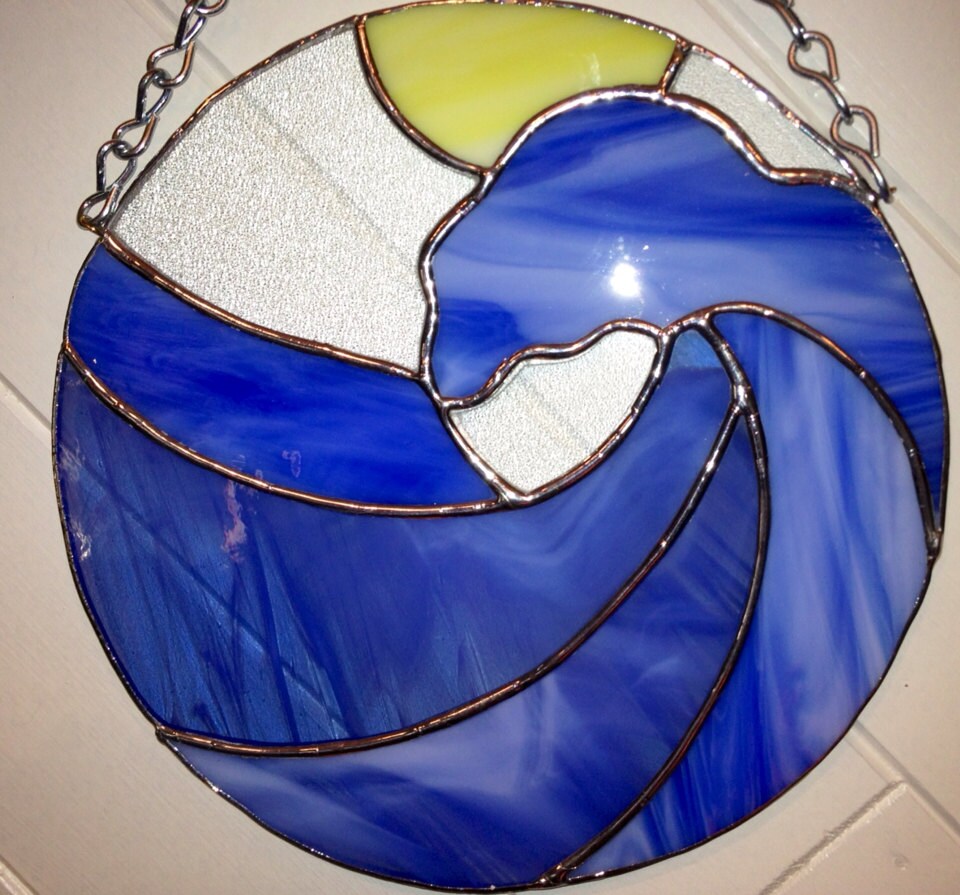 Stained Glass Tidal Wave Nautical Water Sun Catcher Window Art