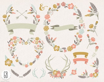 Floral wreaths laurels ribbons clip art vector folk