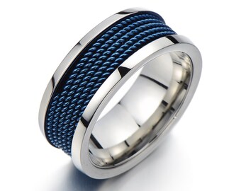 Cool Men Rings with Blue Steel Mesh Inlay/Mans Stainless Steel Ring ...