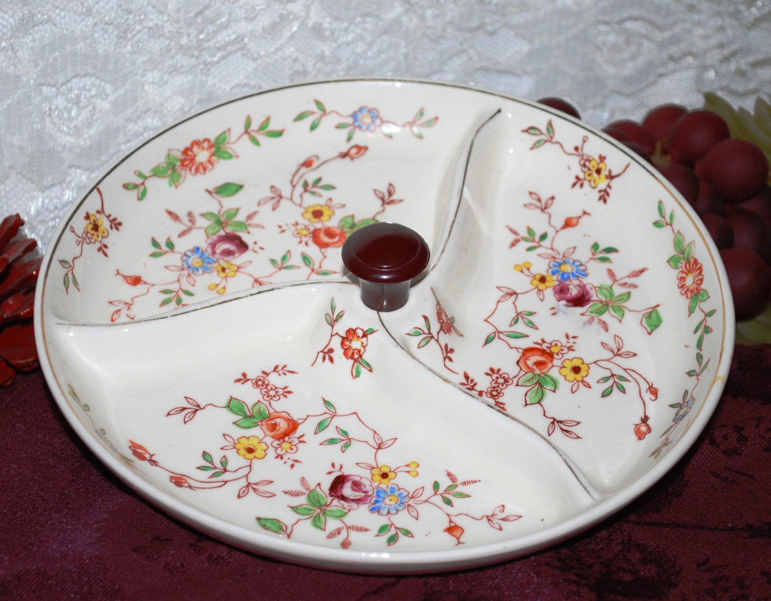 Lovely Japan Flowered Ceramic 3 Section Handled Round Serving Tray W ...