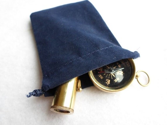 Brass Telescope & Compass Gift Set w/ Velour Bag Pendant