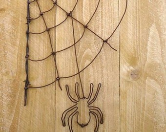 Spider and Web II - Handmade rustic barbed wire art sculpture