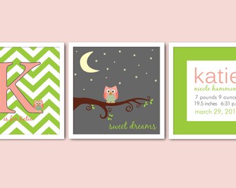 Chevron Initial Letter Art Print Owl Nursery Aqua Gray