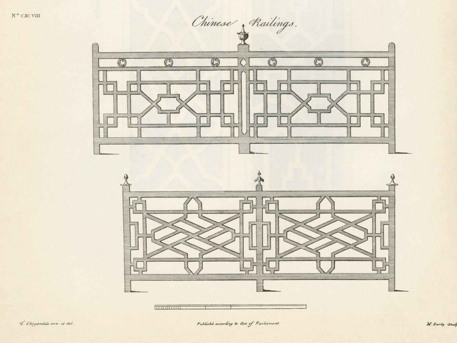 Antq/Vintage Chippendale Furniture Architectural Railing Print ...