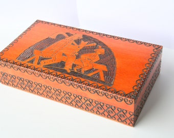 Pyro Art Wooden Box Vintage Carved Burned Wood Chest Ornate Trinket Box