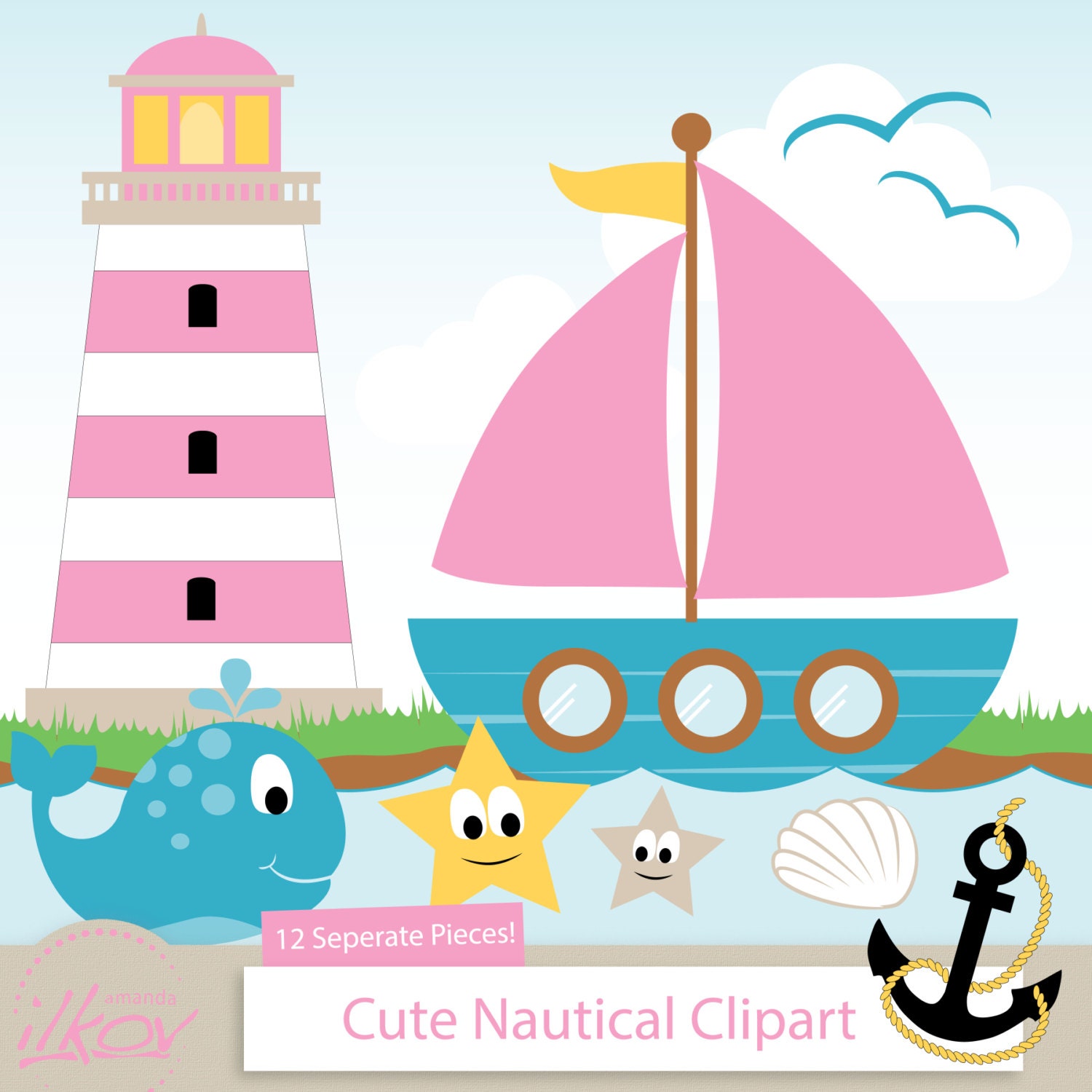 Professional Cute Nautical Clipart for Digital Scrapbooking
