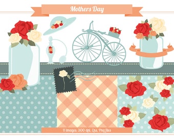 Mothers Day Red & Blue Clipart, Clip Art. Shabby Chic Clipart. Digital ...