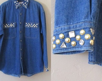 denim bedazzled vintage 90s button up long chambray cotton shirt ...