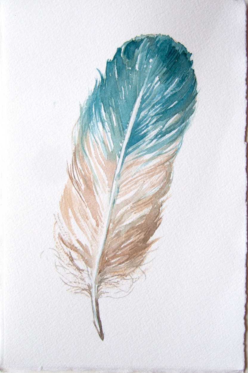 Watercolor painting of feather. Blue ochre feather. Pastel