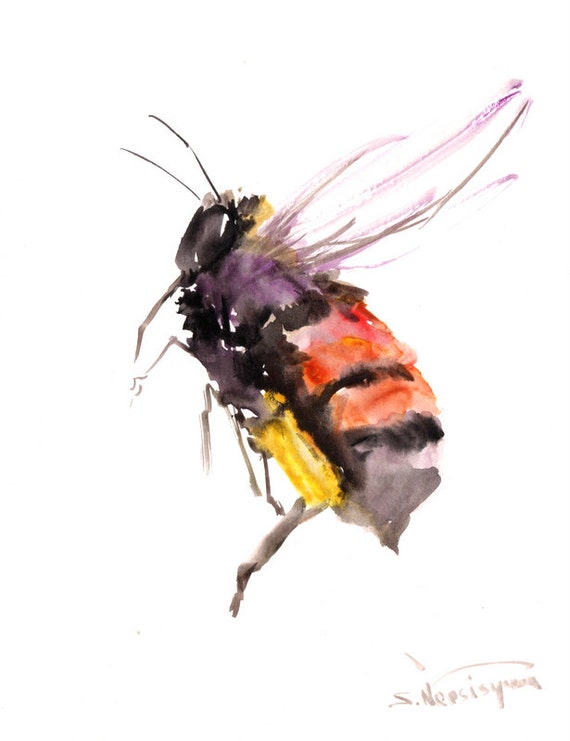 Flying Bee Original watercolor painting 8 X 10 in bee lover