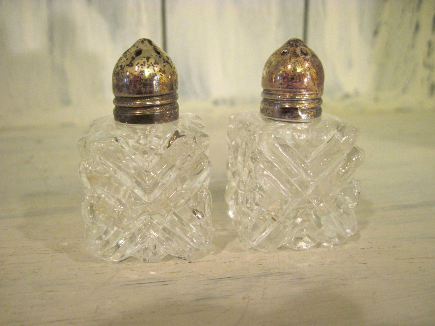 Vintage glass tiny salt and pepper shakers set, glass small salt and ...