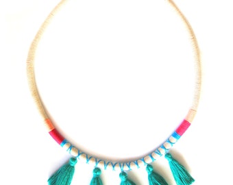 Statement Rope Necklace - Turquoise Tassel Necklace - Thread Wrap ...