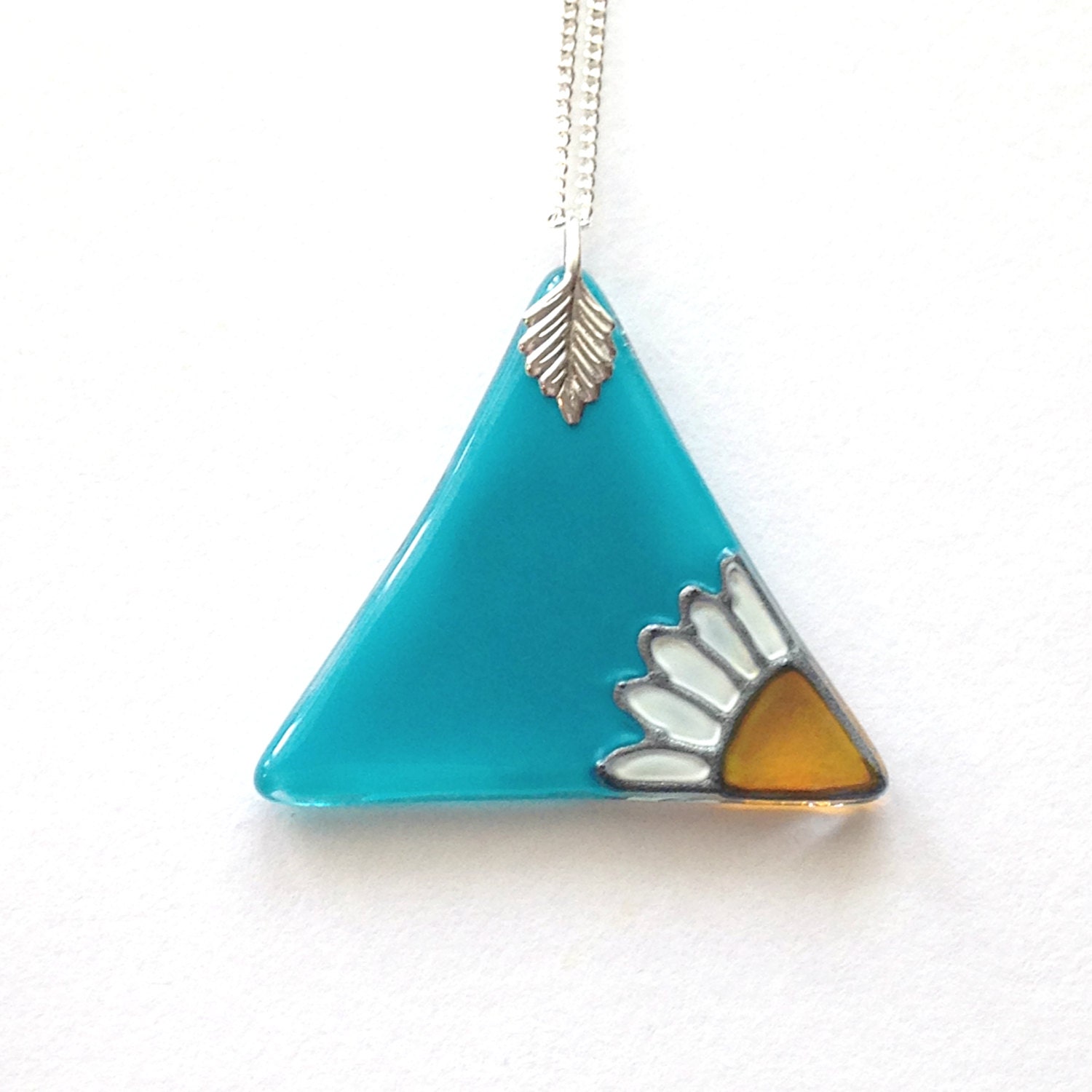 Turquoise Triangle Pendant with Daisy design Hand by witchcorner