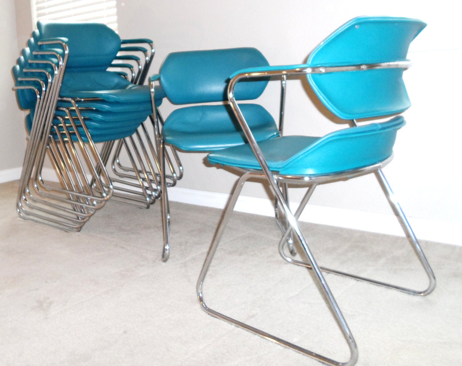 Mid Modern Blue Chairs Set of 6 Stackable Cantilever Steel Blue Chrome ...