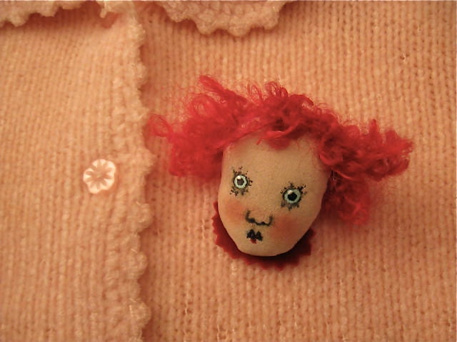 redhead brooch art doll head pin red head art handmade