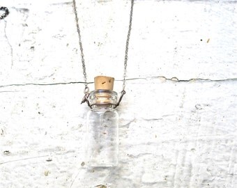 glass vial necklace. sterling silver chain.