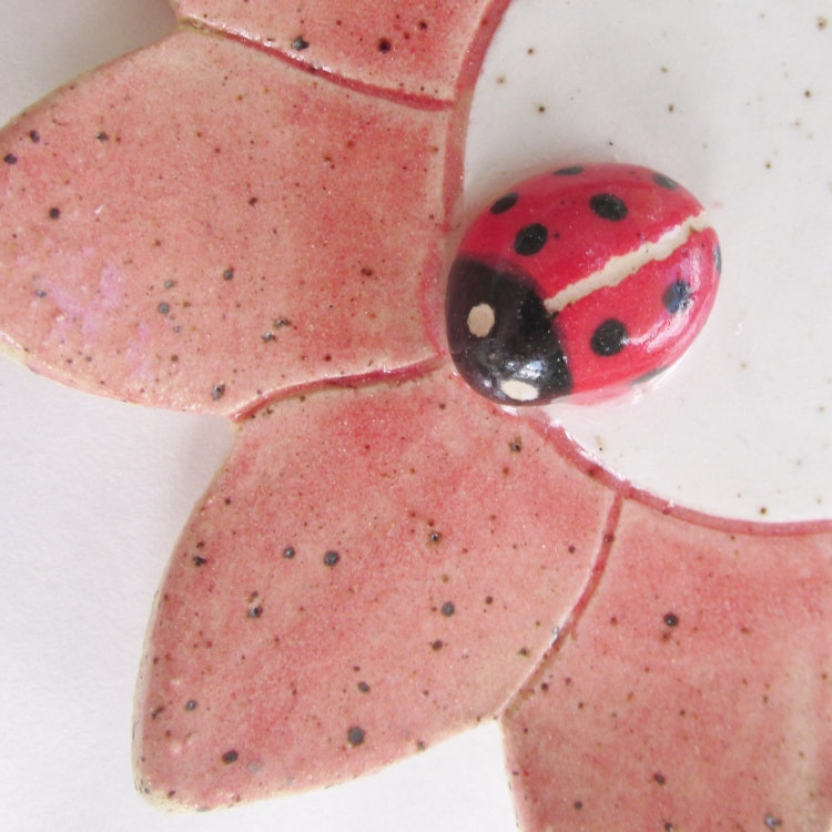Ladybug Flower Dish Pottery Jewelry Dish Rose by CartersPottery